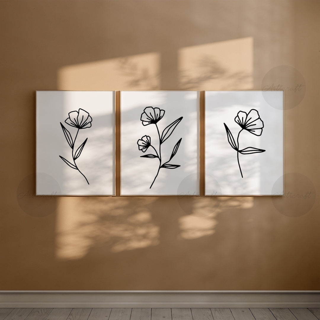 Boho Line Flowers Print Set of 3, Botanical Gallery Wall Art, Minimal ...