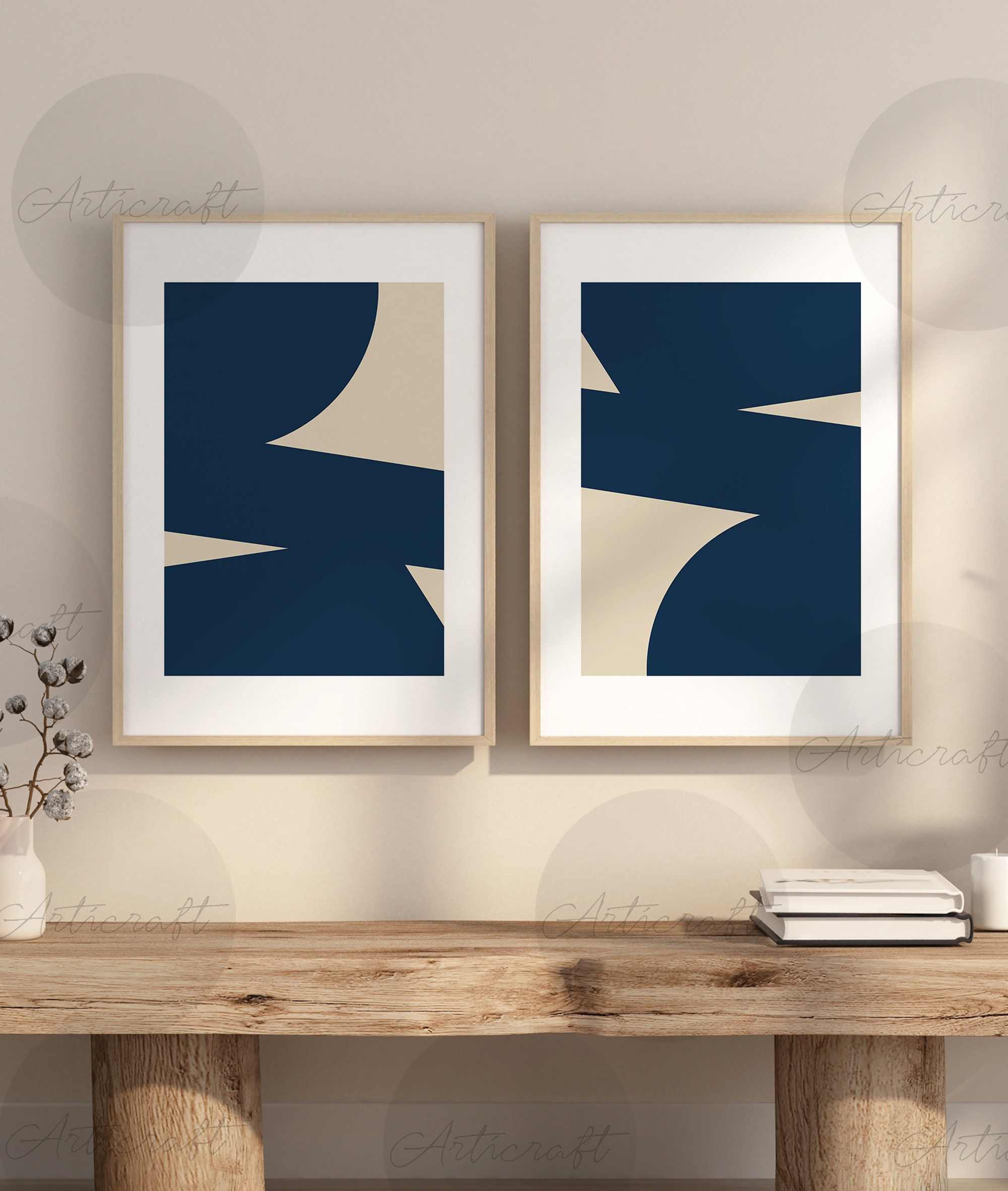Navy Mid Century Modern Geometric Print Set of 2, Boho Beige and Navy ...