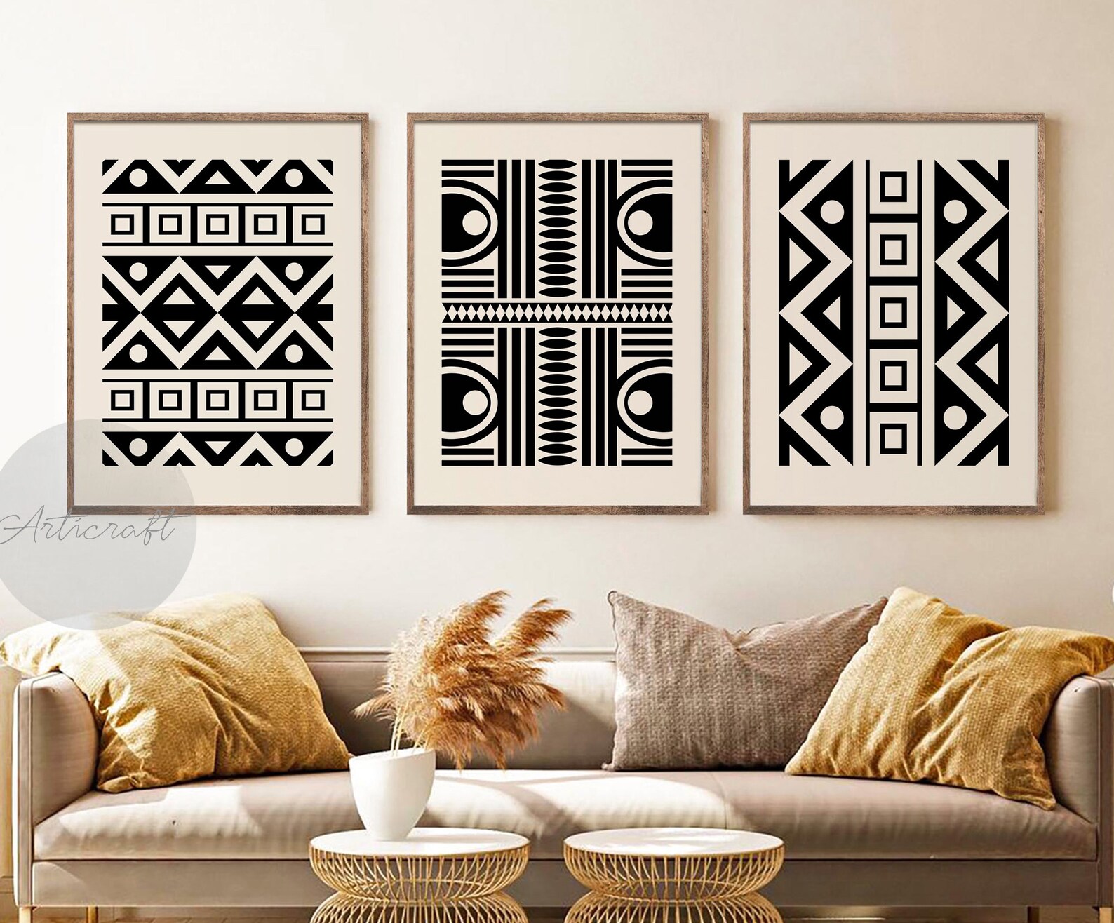 Abstract Black Beige Geometric Print Set of 3, Digital Rug Pattern Wall ...