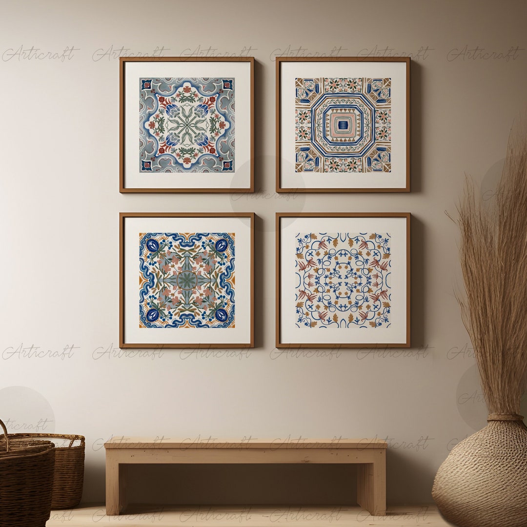Moroccan Tiles Print Set of 4, Digital Tile Pattern Wall Decor, Pastel ...