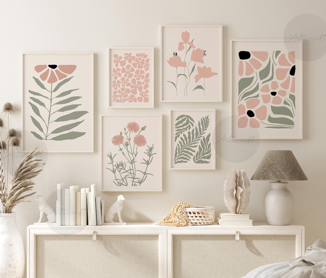 Boho Botanical Print Set of 6, Blush Pink and Sage Green Wall Art ...