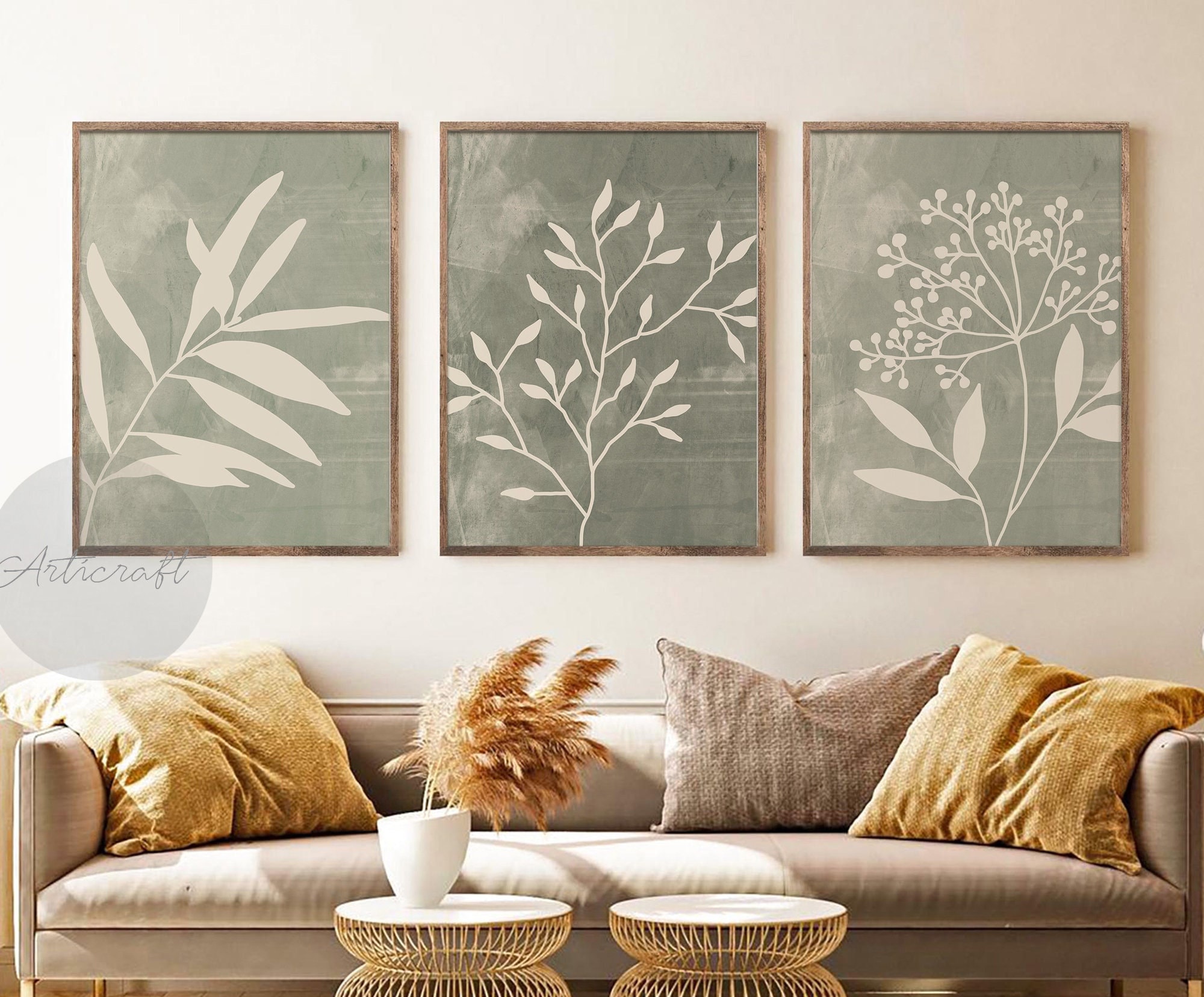 Abstract Green Botanical Art Set of 3 Prints, Boho Gallery, Olive Green ...