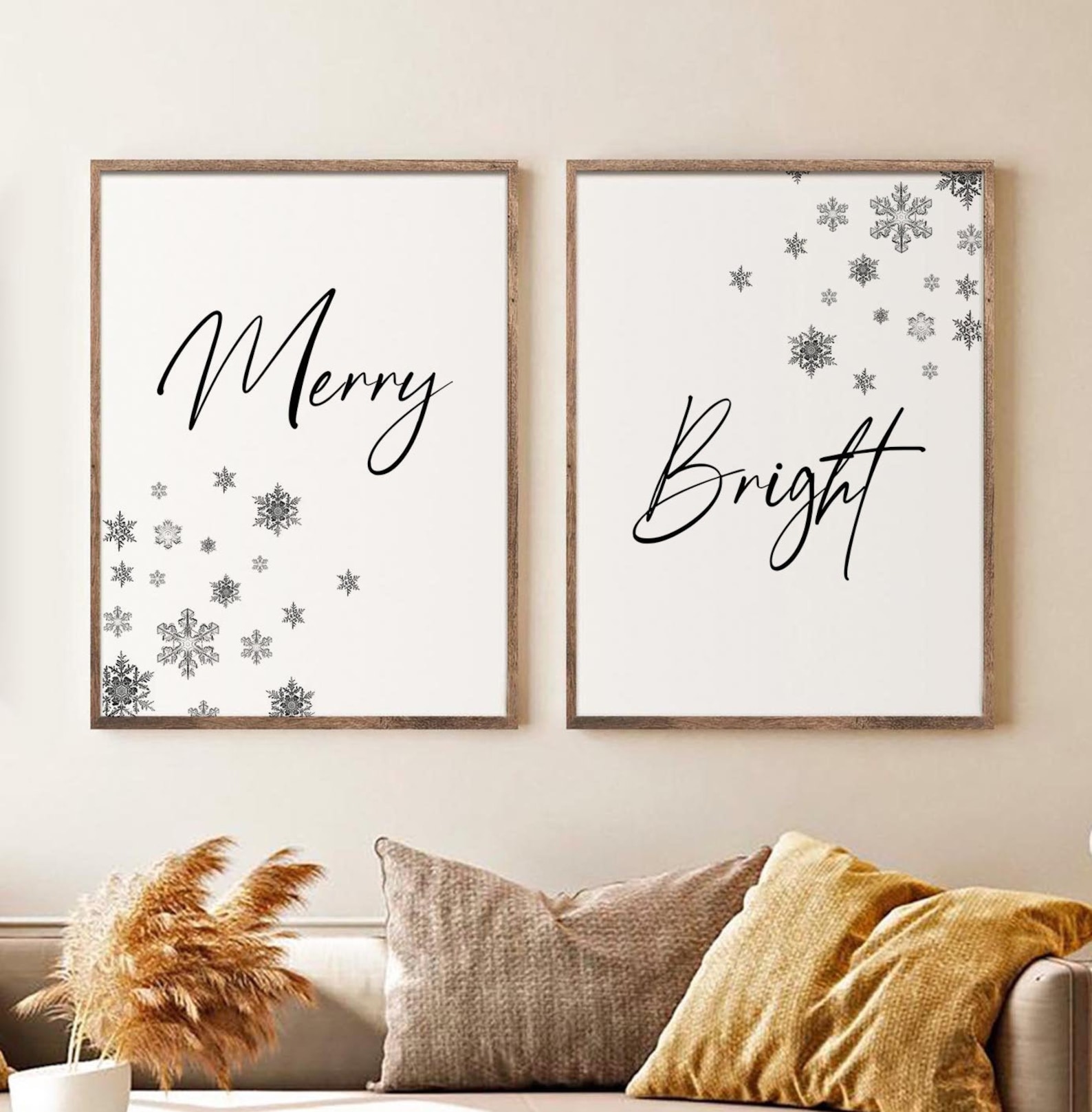 Christmas Print Set of 2 Merry and Bright Print Snowflakes | Etsy