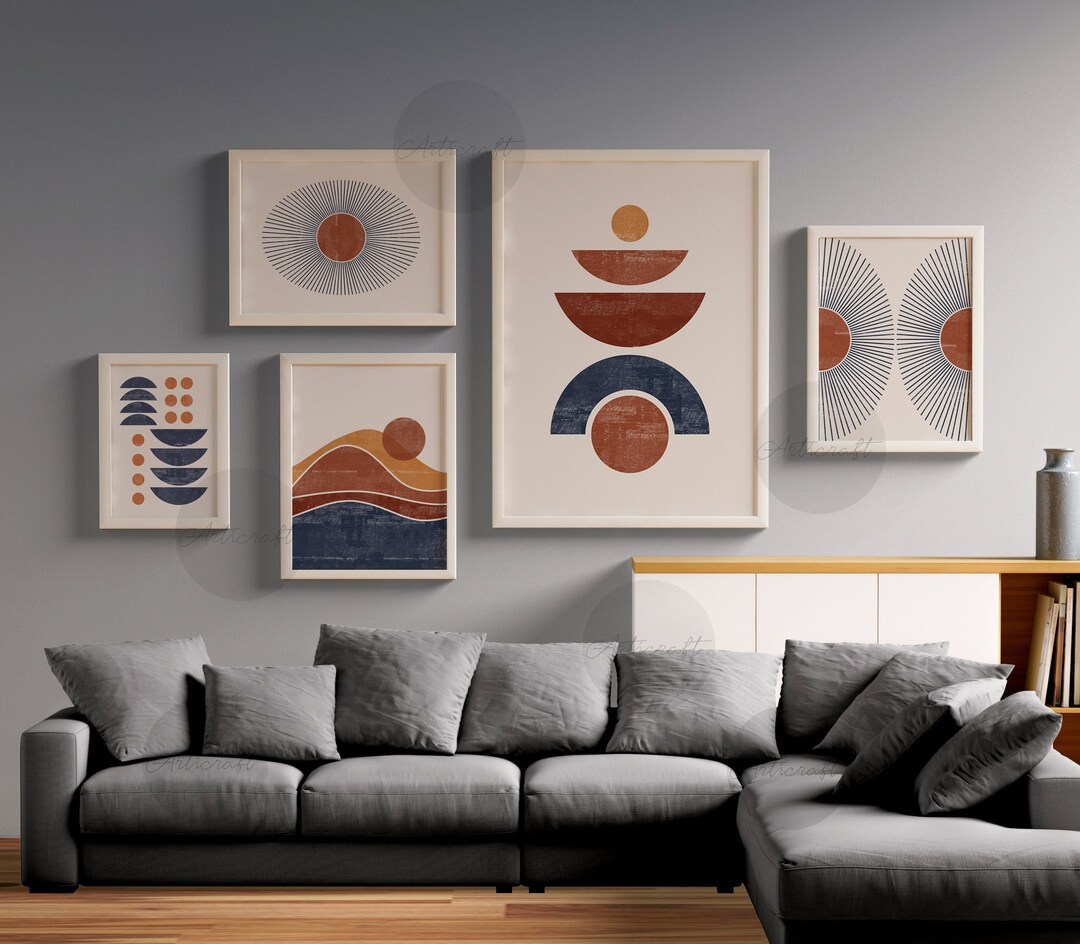 Mid Century Modern Print Set of 5, Navy Blue, Orange & Beige Orange ...