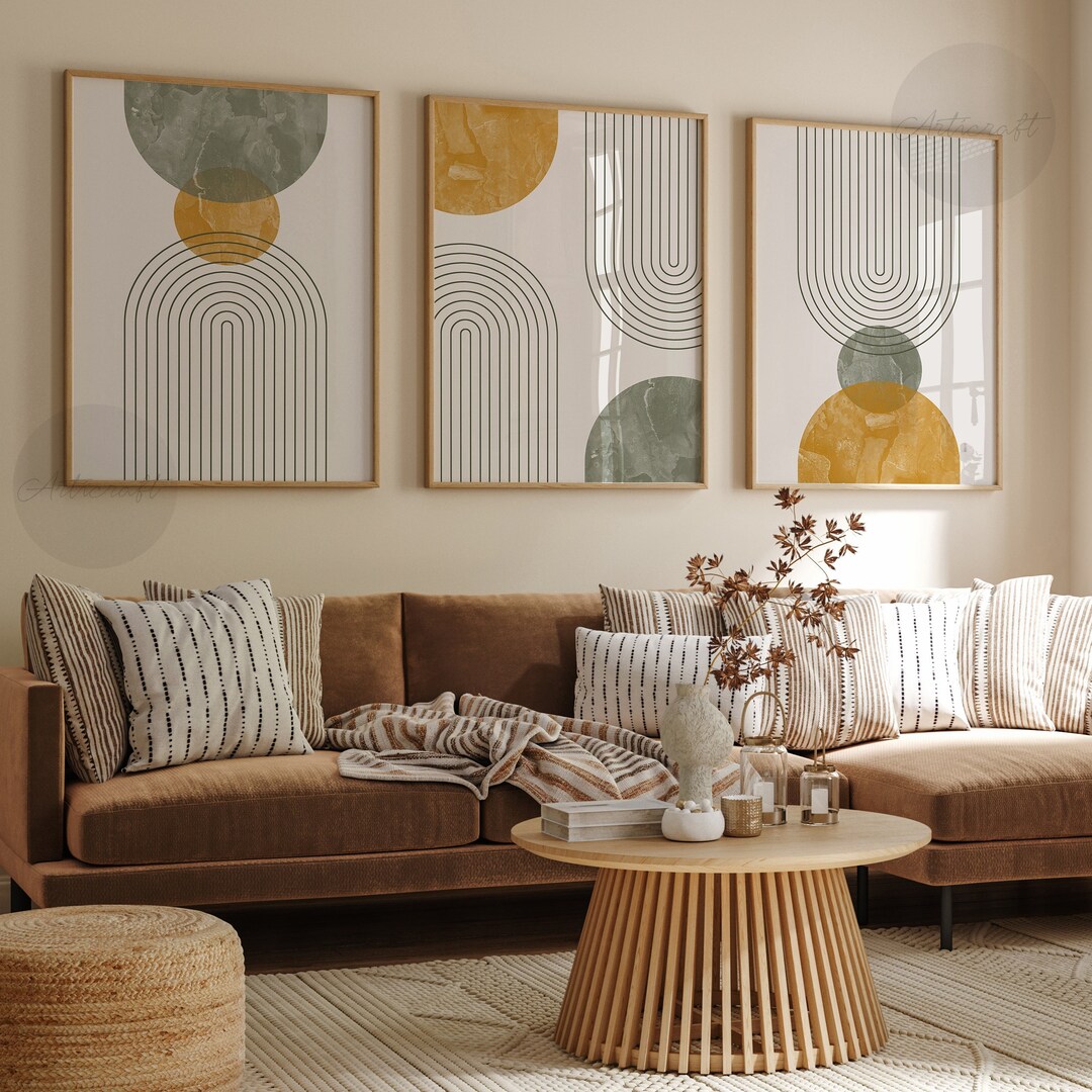 Sage Green and Yellow Mid-century Modern Geometric Art Set of 3 Prints ...