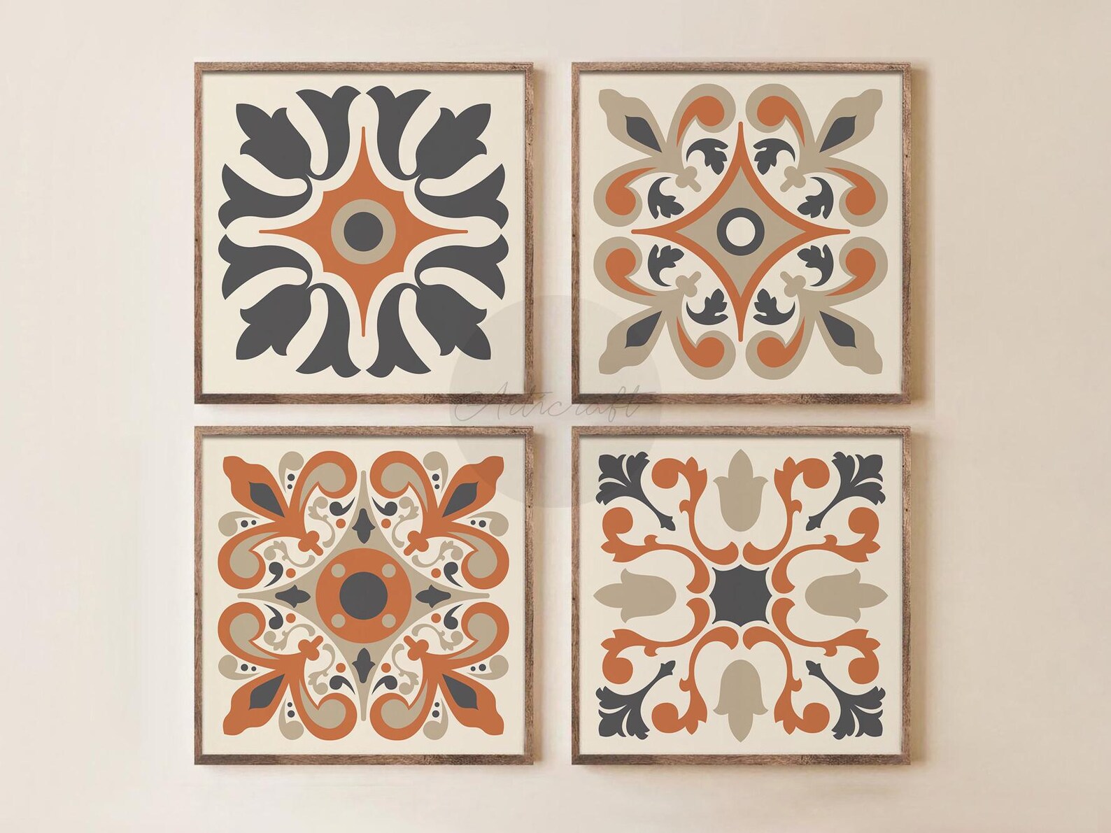 Oriental Tiles Print Set of 4, Moroccan Digital Tile Wall Decor, Pastel ...