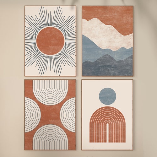 Mid Century Modern Art Set of 6 Prints Sage Green & Navy Blue - Etsy