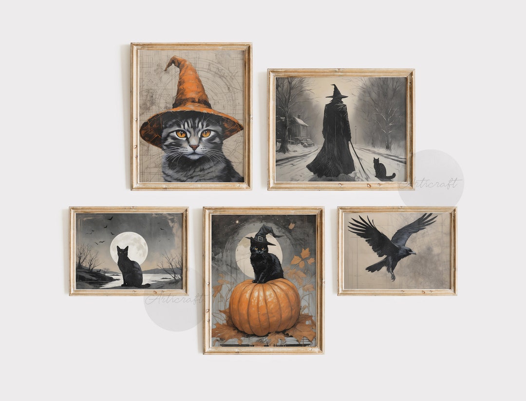 Halloween Printable Wall Art Set of 5 Witch Black Cat Witch - Etsy