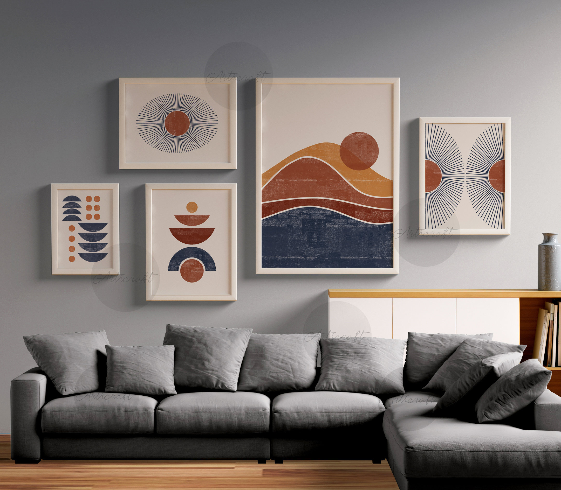 Mid Century Modern Print Set of 5 Navy Blue Orange & Beige | Etsy