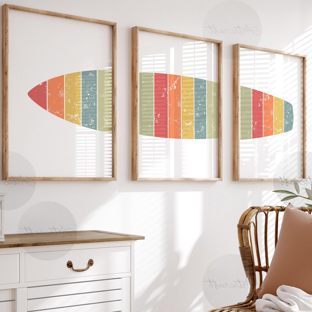 Surfboard Print Set of 3, Beach Wall Art, Vintage Stripe Retro Surf ...