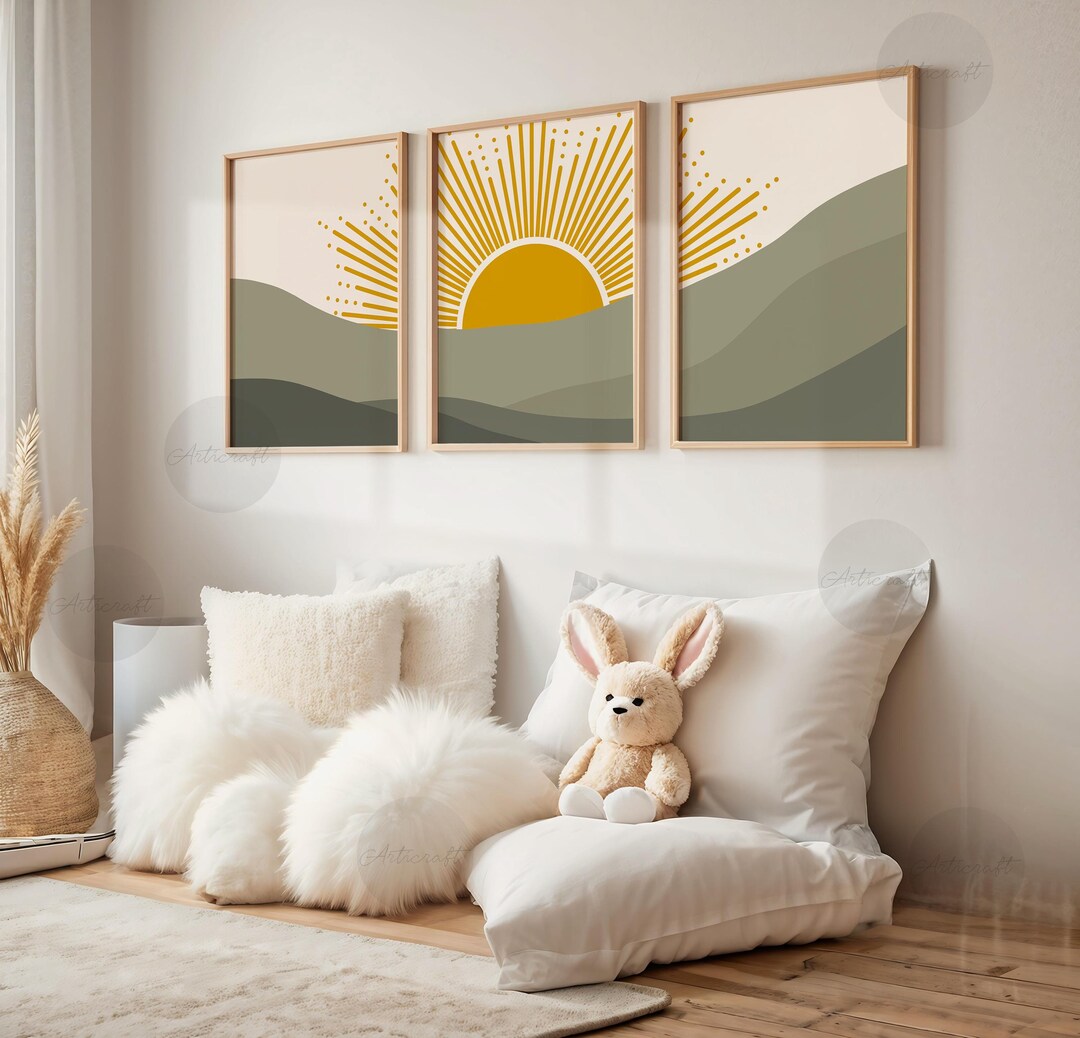 Boho Sun Print Set of 3 Prints, Wall Decor, Yellow Sun Digital Download ...