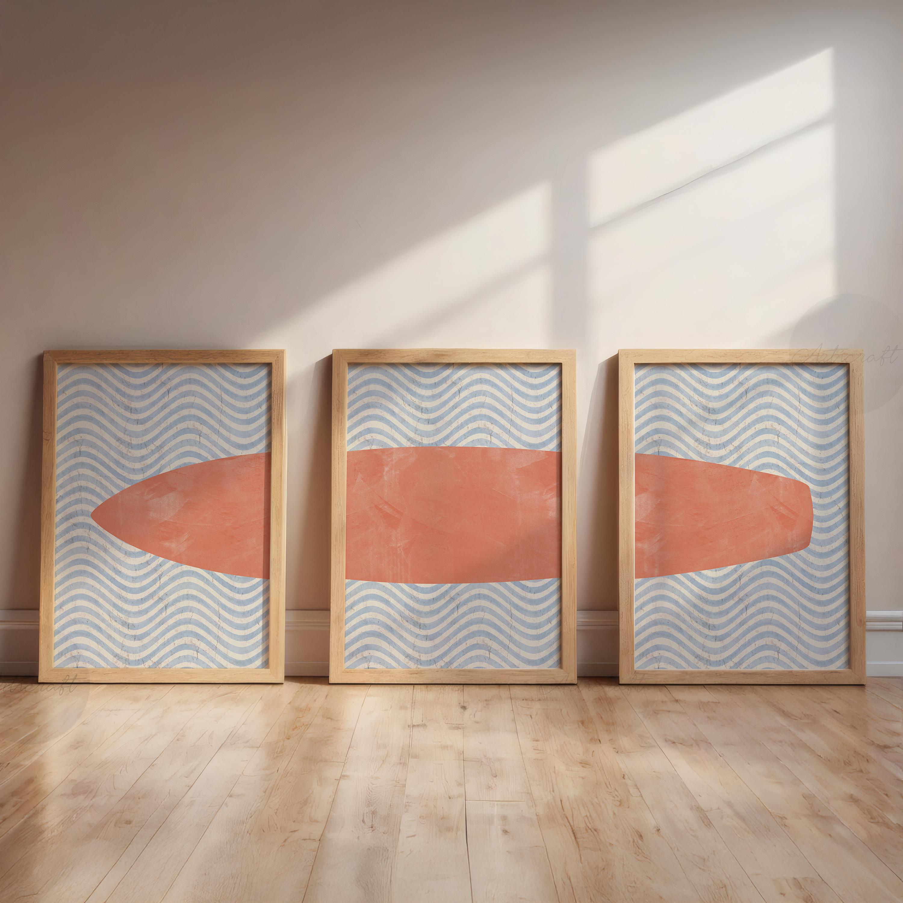 Surfboard Print 3 Set Beach Wall Art Vintage Orange & Blue Wave Retro ...