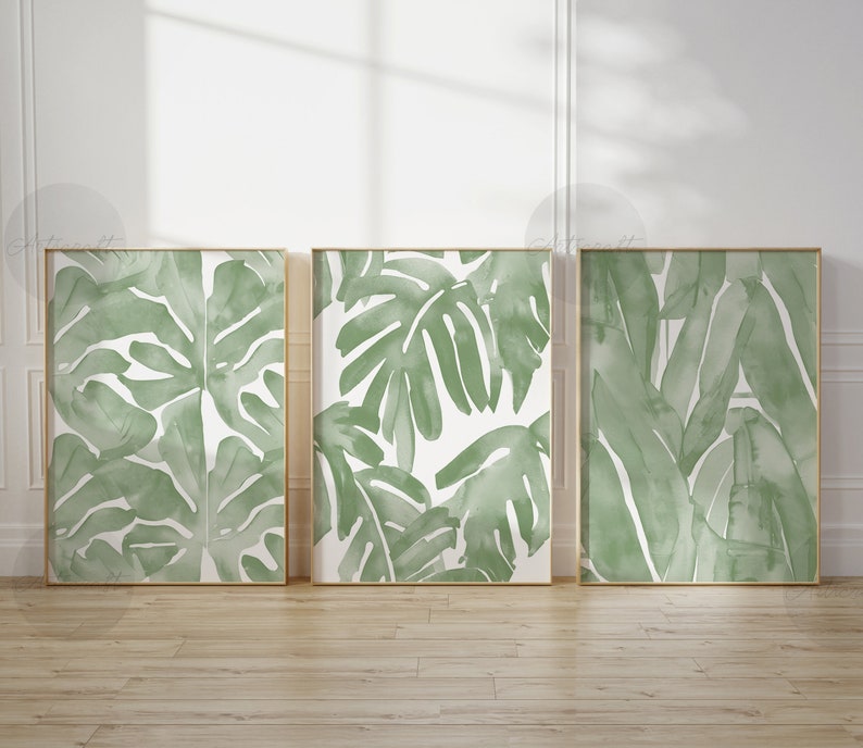 Sage Green Botanical Print Set of 3 Watercolor Tropical - Etsy