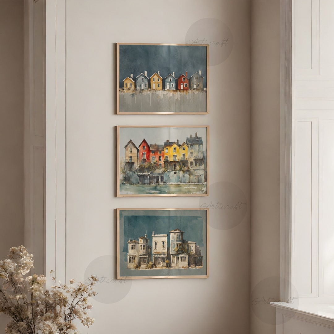 Small Houses Print Set of 3, Modern Minimalist Wall Decor, Village Raw ...