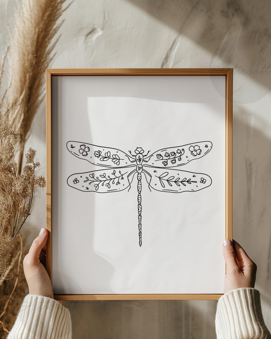 Dragonfly Digital Art, Dragonfly Print, Floral Line Printable Wall Art ...