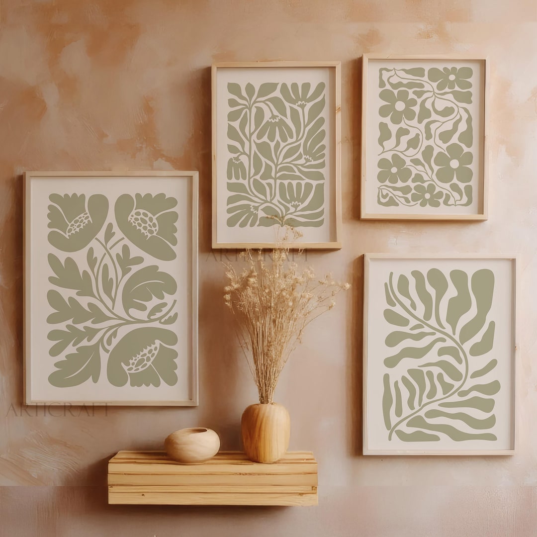 Printable Boho Posters, Set of 4 Sage Green Wall Art, Abstract ...