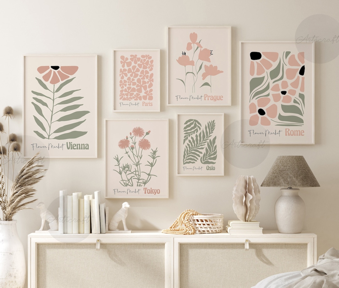 Boho Botanical Print Set of 6, Blush Pink and Sage Green Wall Art ...