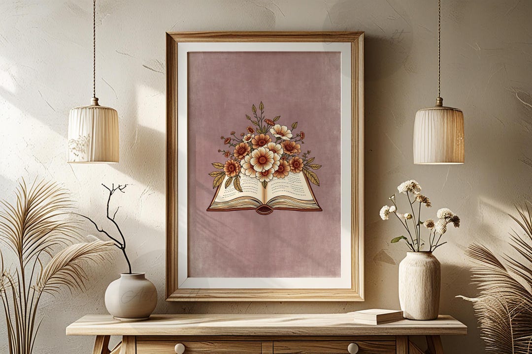 Open Flower Book Printable Poster, Bookish Print Boho Wall Art ...