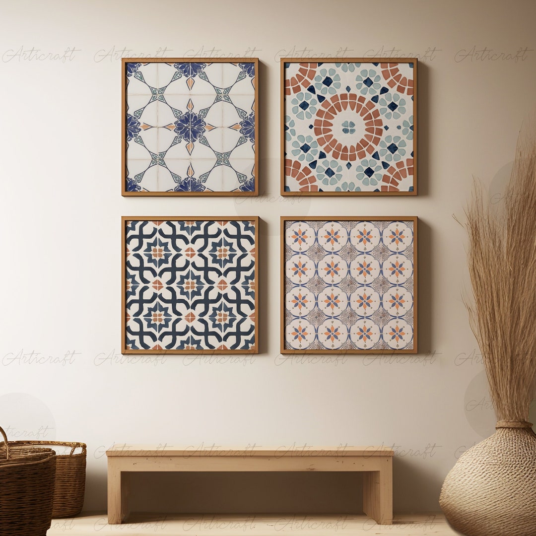 Oriental Tiles Print Set of 4, Moroccan Digital Tile Wall Decor, Pastel ...