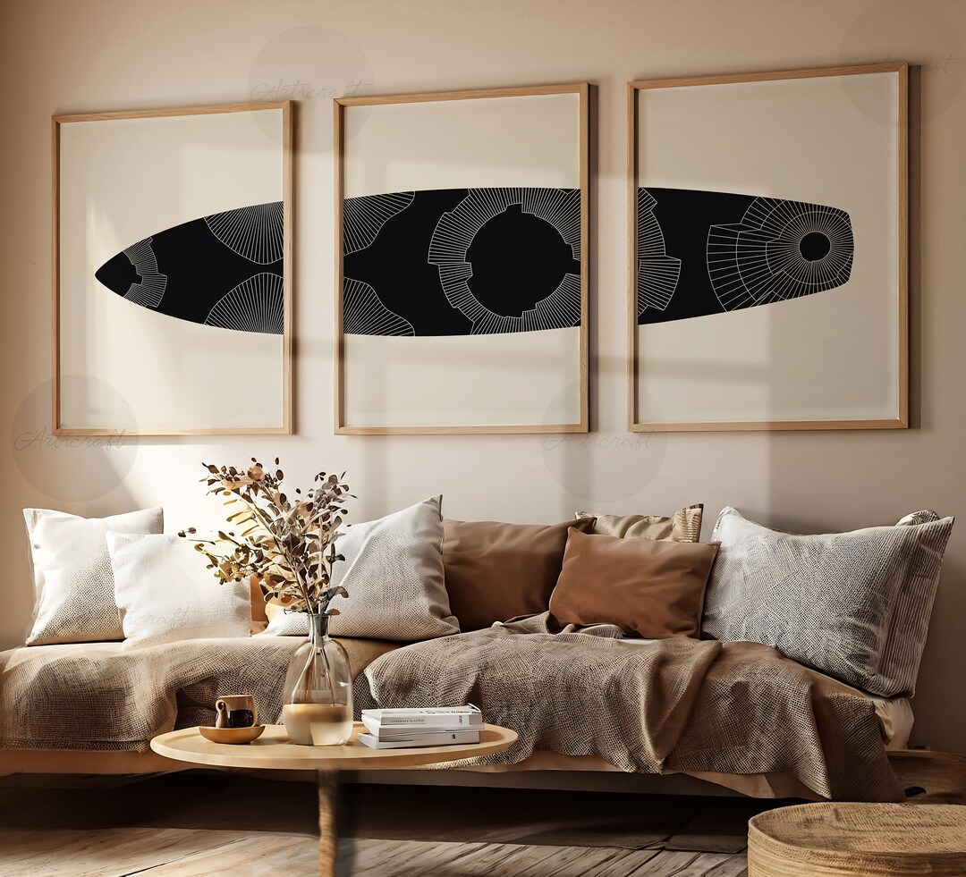 Surfboard Print Set of 3, Beach Wall Art, Black Beige Neutral Surf ...