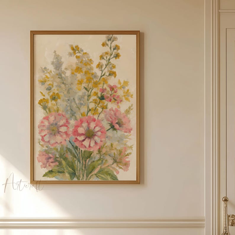 Floral Printable Poster, Wildflowers Wall Art, Blush Boho Botanical Farmhouse Retro Flowers ...