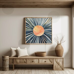 Square Watercolor Sun Print, Boho Blue and Orange Midcentury Modern ...