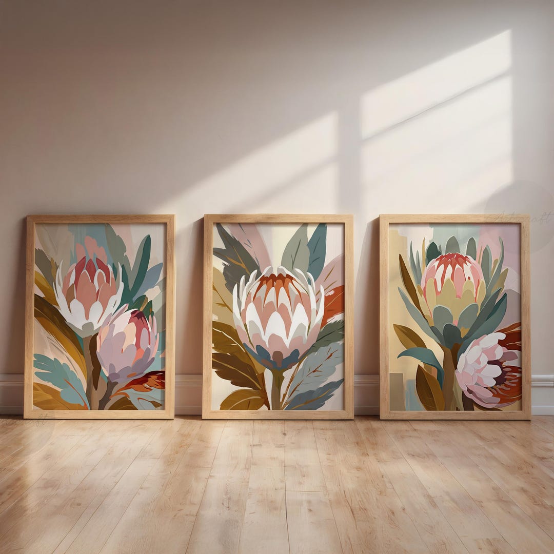 Abstract Protea Printable Wall Art Set of 3, Boho Floral Modern Home ...