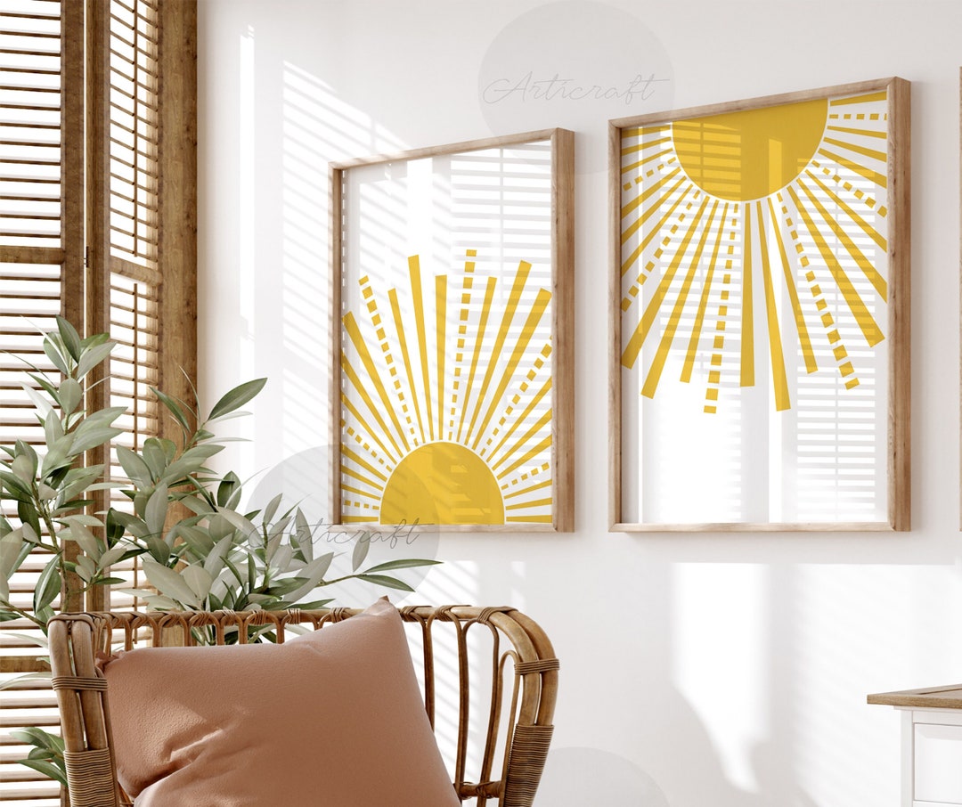 Yellow Sun Print Set of 2, Neutral Nursery Wall Decor, Boho Mid Century ...