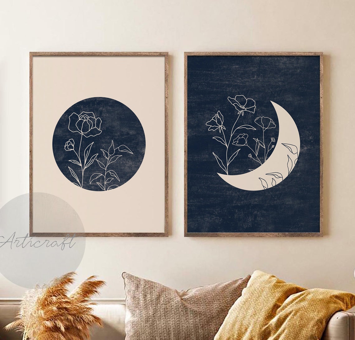 Navy Blue Sun and Moon Art Set of 2 Prints Modern Boho Sun - Etsy