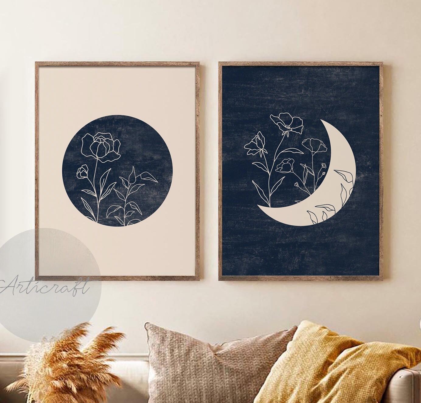 Navy Blue Sun and Moon Art Set of 2 Prints Modern Boho Sun - Etsy