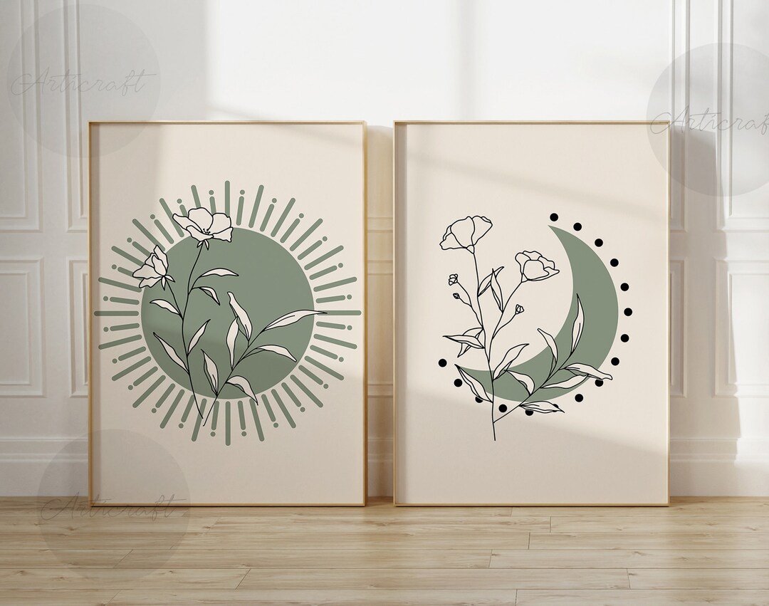 Sage Green Sun and Moon Art Set of 2 Prints, Modern Boho Sun and Moon ...