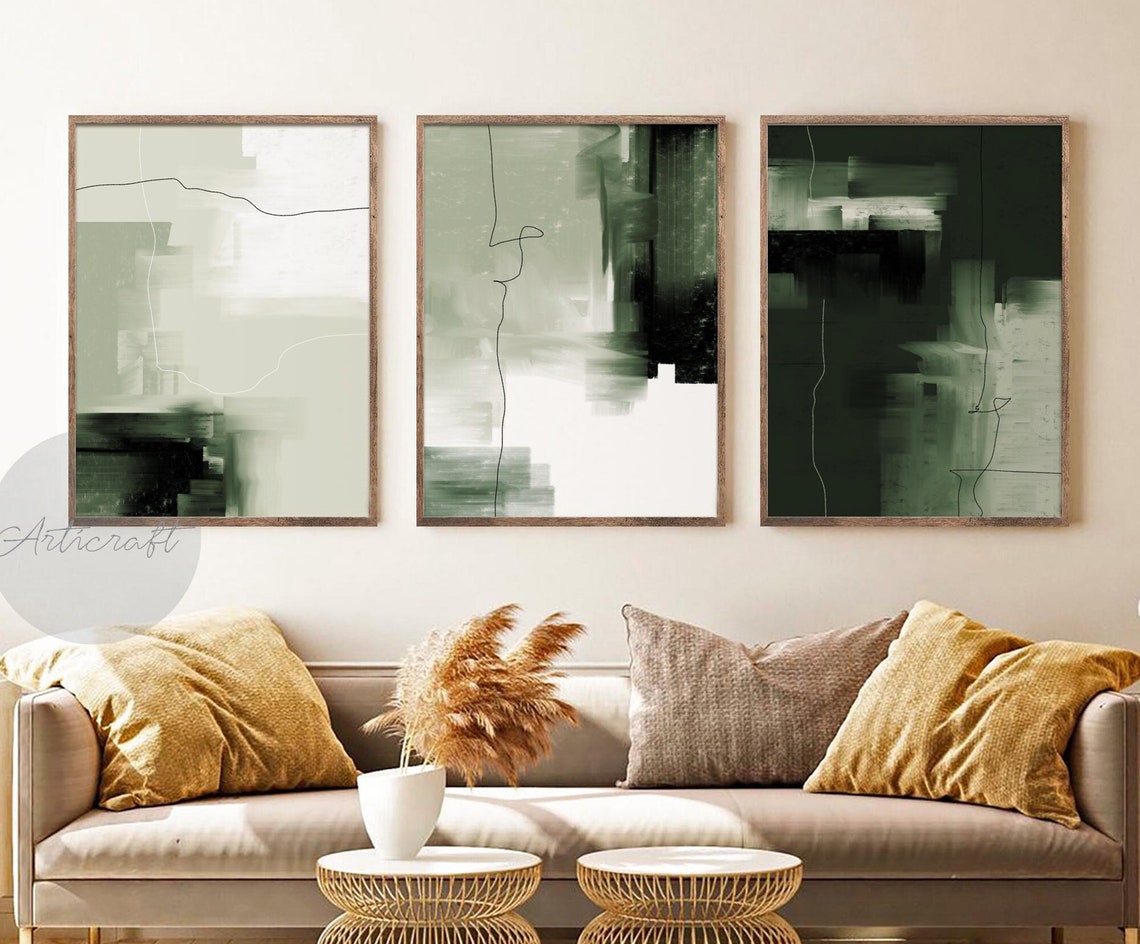 Abstract Green Art, Modern 3 Piece Art, Painting, Gallery Wall Art Set ...