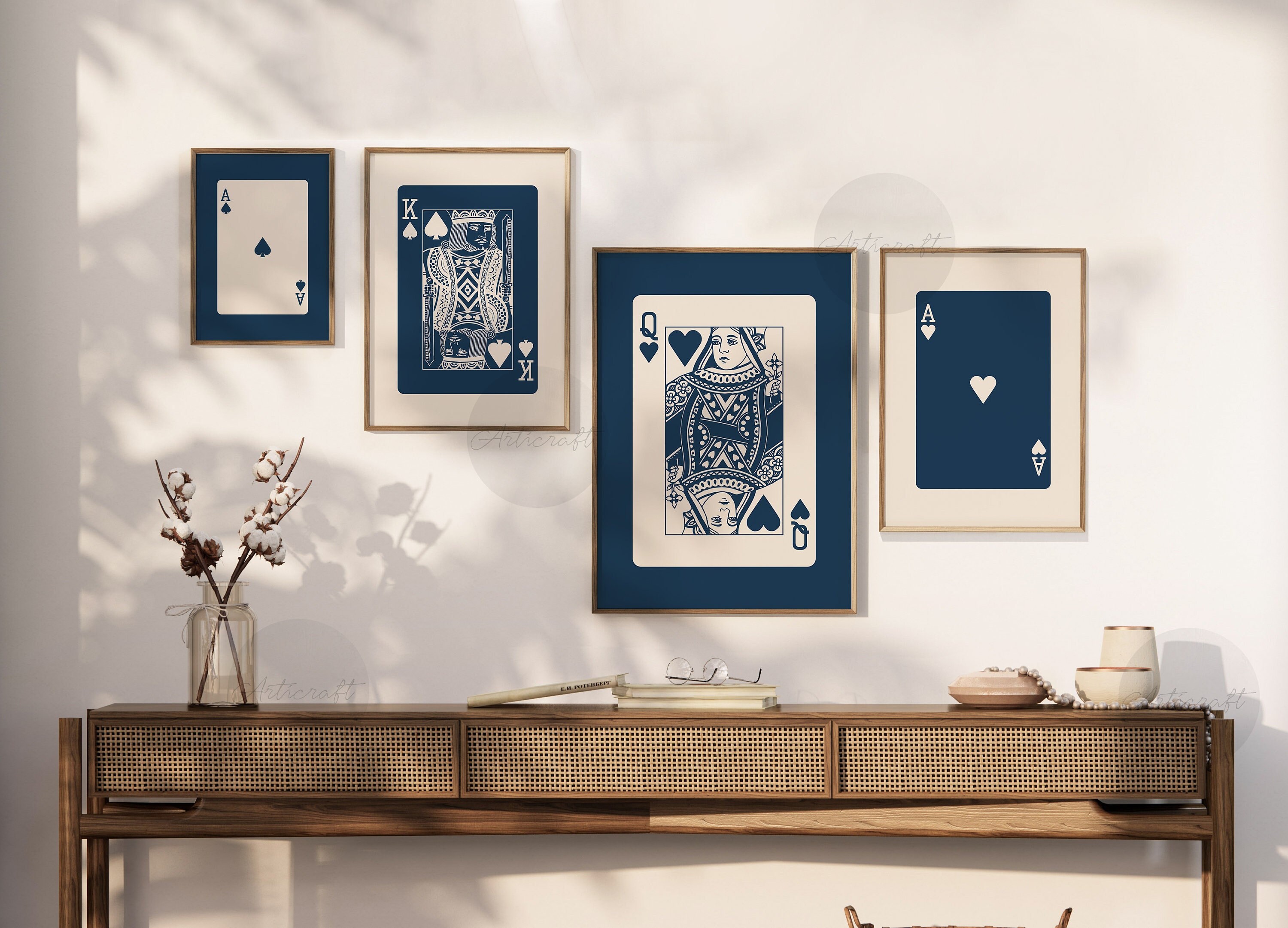 Playing Cards Print Set of 4, Ace, King and Queen, Navy Blue Art Prints ...
