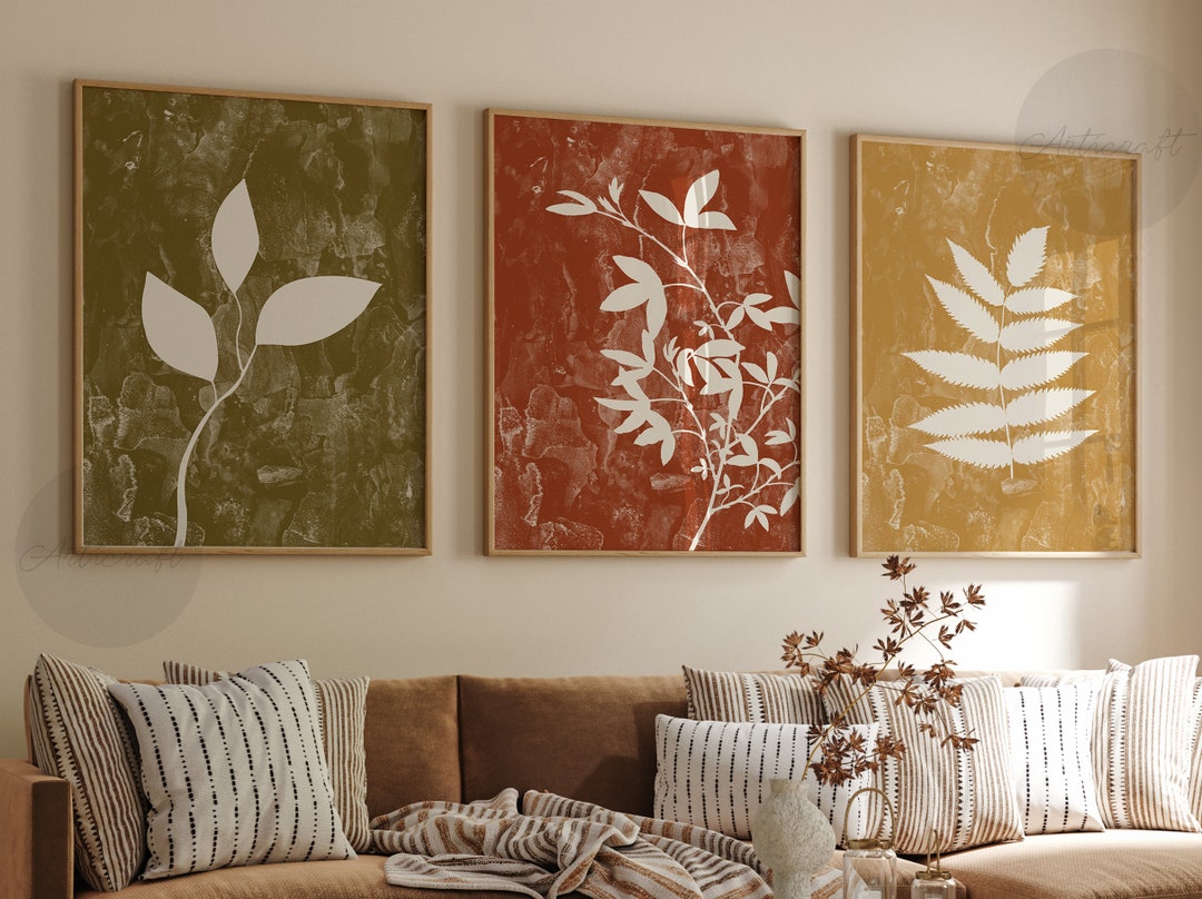 Abstract Fall Wall Art Set of 3, Fall Leaves Printable Art, Orange ...