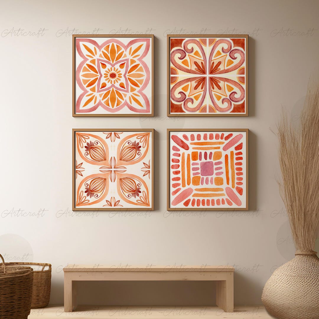 Oriental Tiles Print Set of 4, Moroccan Digital Tile Wall Decor, Orange ...