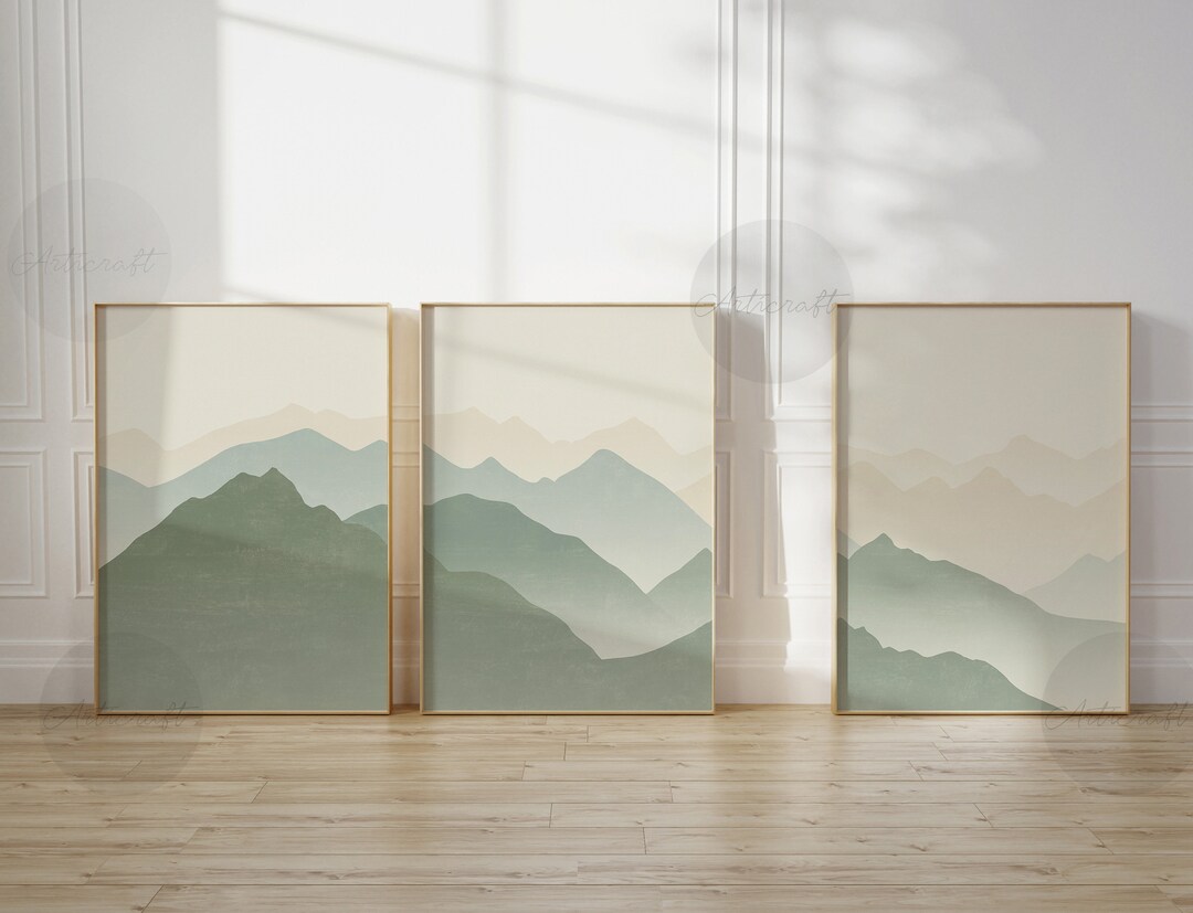 Abstract Mountain Print Set of 3, Minimal Green Mountain, Abstract ...