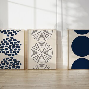 Navy Mid Century Modern Geometric Print Set of 3, Boho Beige and Navy ...