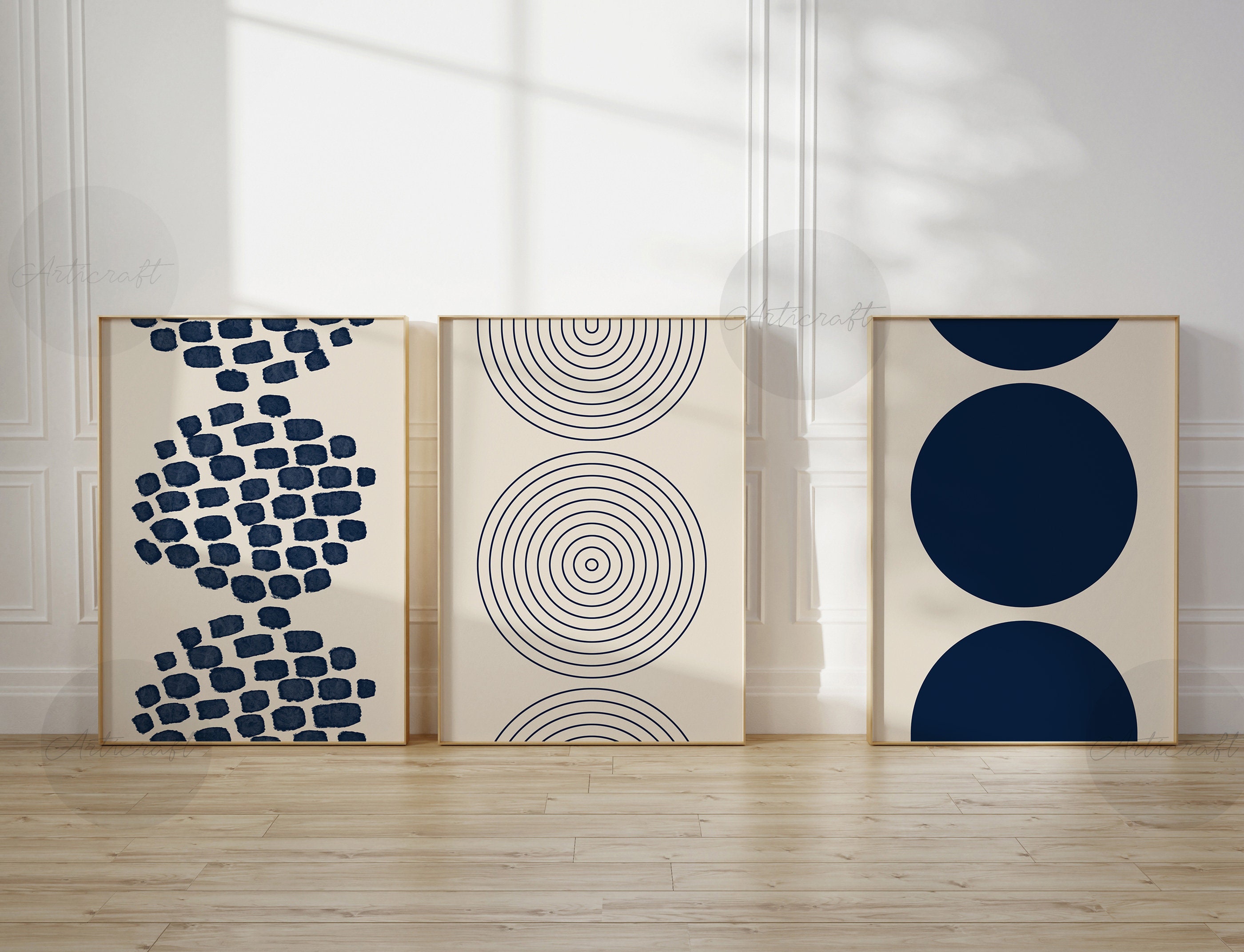 Navy Mid Century Modern Geometric Print Set of 3, Boho Beige and Navy ...