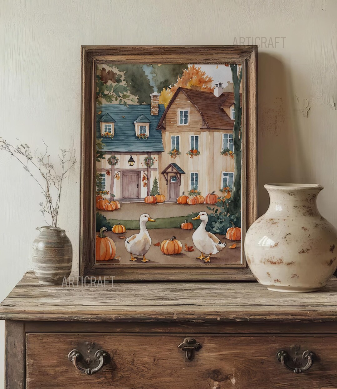 Rustic Farmhouse Printable Fall Decor, Autumn Village Duck and Pumpkins ...
