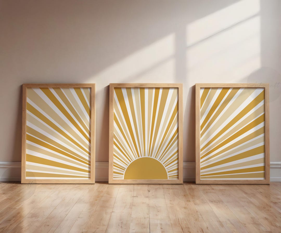 Yellow Sun Print Set of 3, Nursery Mid Century Modern Geometric Sun ...