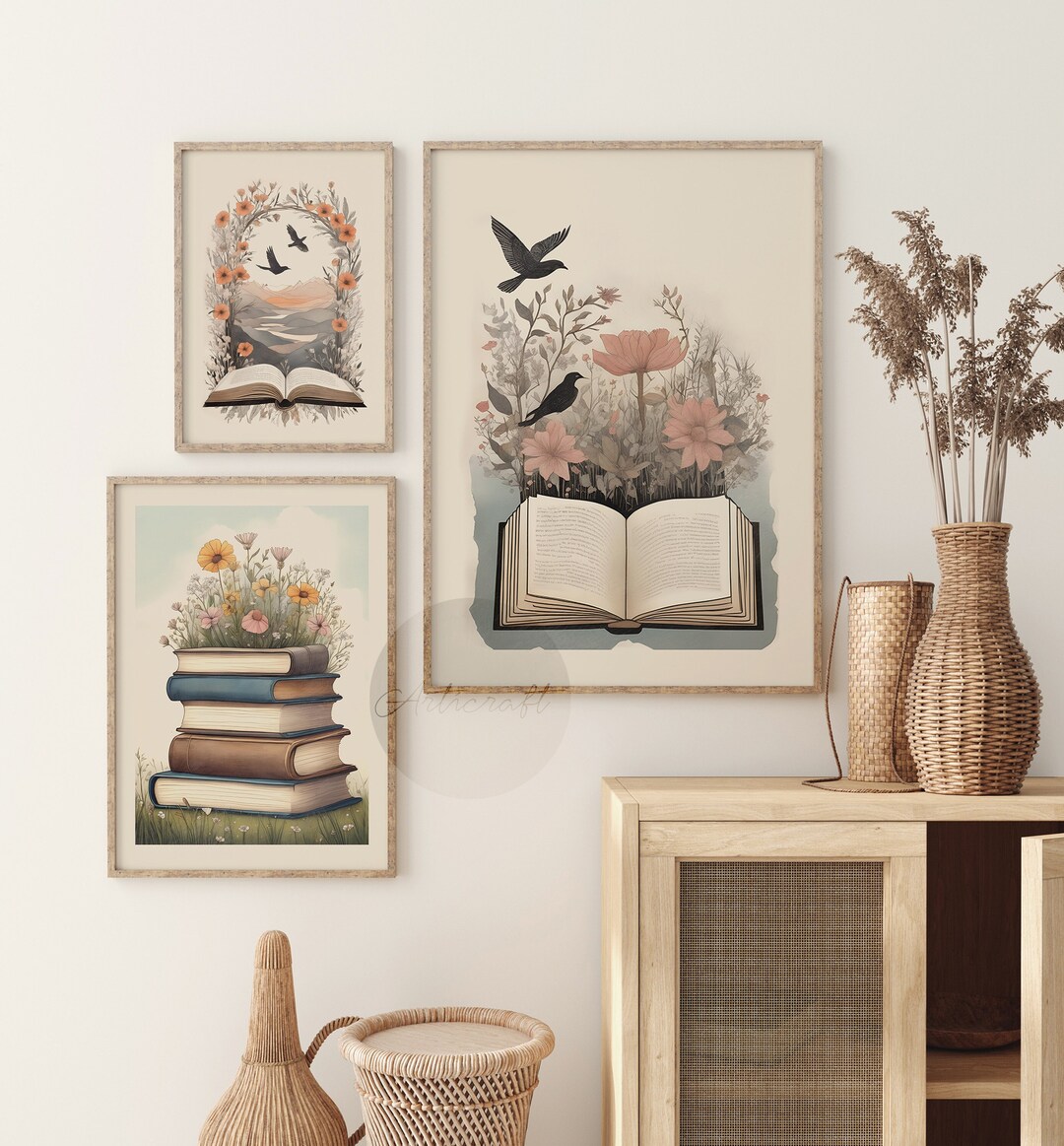 Floral Book Print Set of 3, Bookish Print, Boho Gallery Wall Art ...