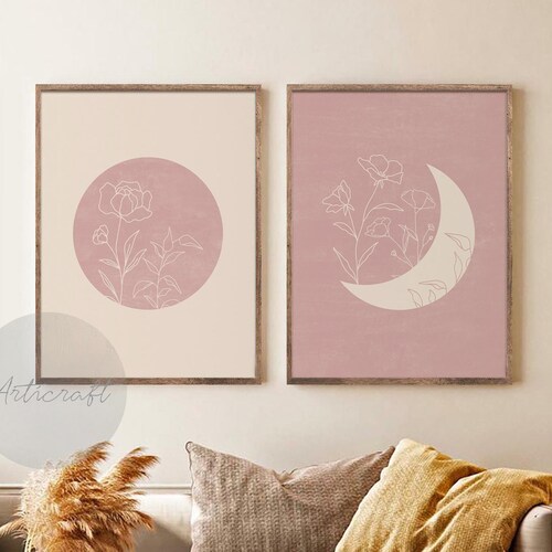 Blush Pink Sun and Moon Art Set of 2 Prints Modern Boho Sun - Etsy