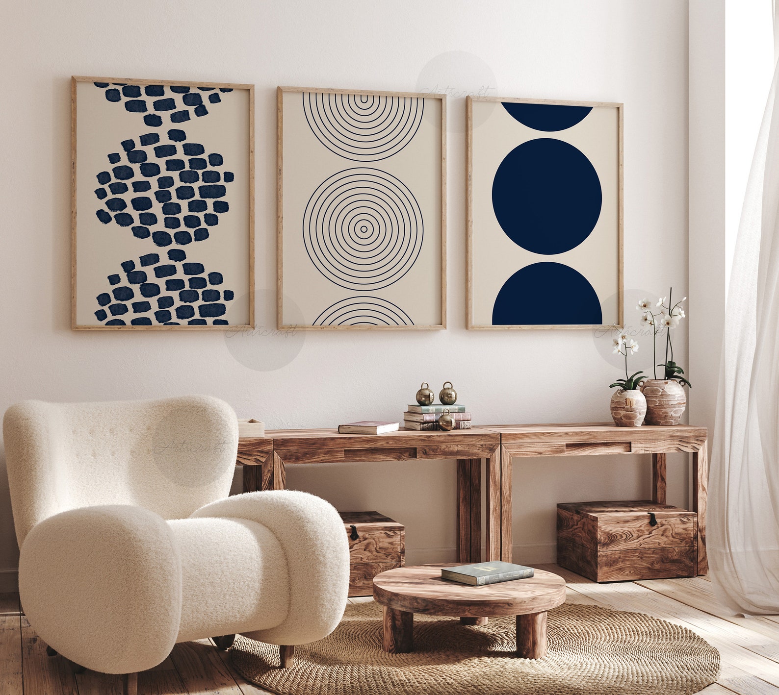 Navy Mid Century Modern Geometric Print Set of 3, Boho Beige and Navy ...