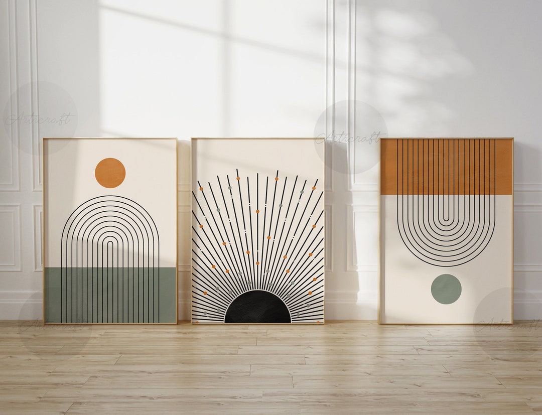 Mid Century Modern Geometric Art Set of 3 Prints, Boho Sun Wall Decor ...