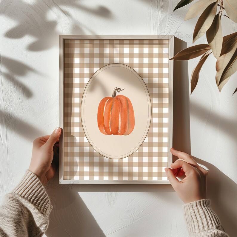 Fall Print, Pumpkin Printable Boho Wall Art, Gingham Cottagecore ...