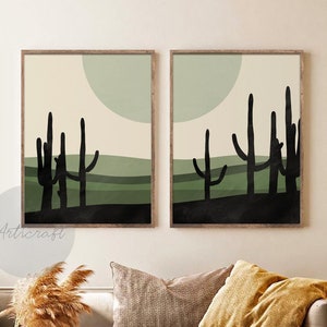 Midwest Cactus Desert Art Set of 2, Sage Green Boho Abstract Midwestern ...