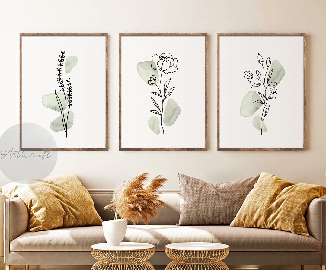 Boho Botanical Print Set of 3, Green Gallery Wall Art, Sage Wild ...