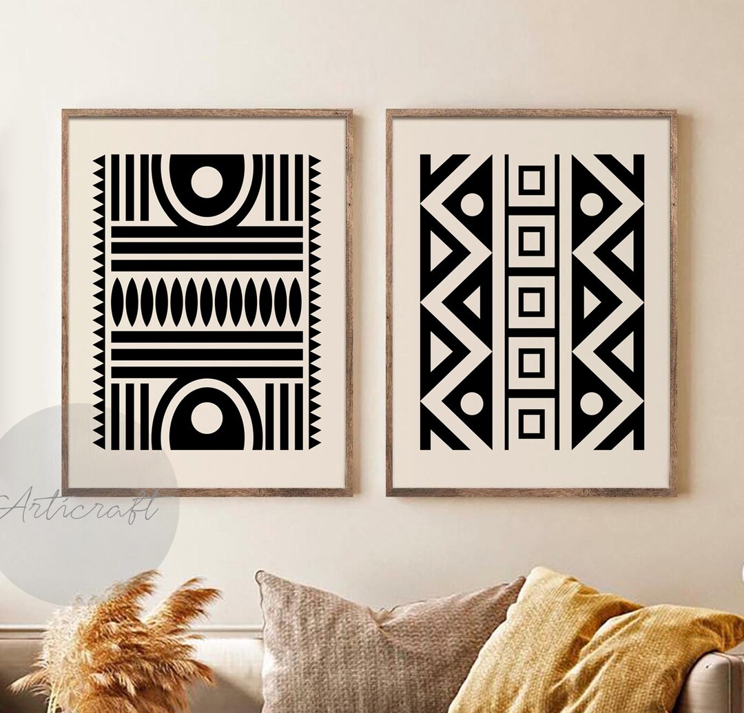 Abstract Black Beige Geometric Print Set of 2, Digital Rug Pattern Wall ...