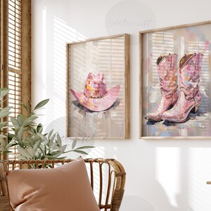 Cowgirl Print Set of 2, Disco Ball Pink Boots, Hat, Retro Preppy ...
