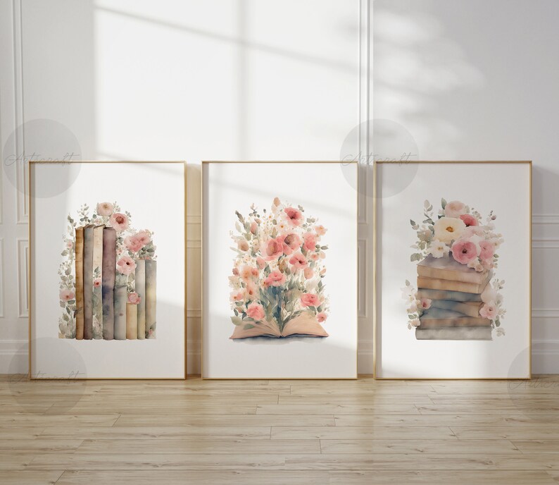 Watercolor Flower Book Print Set of 3 Bookish Print Boho - Etsy